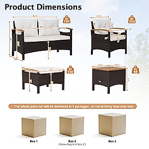 Tangkula 7 Pieces Patio Rattan Sofa Set, Outdoor Wicker Conversation Set w/Seat & Back Cushions, 2 Ottomans & 2 Coffee Tables, Acacia Wood Tabletop & Armrests, Wicker Sofa Set for Backyard, Poolside