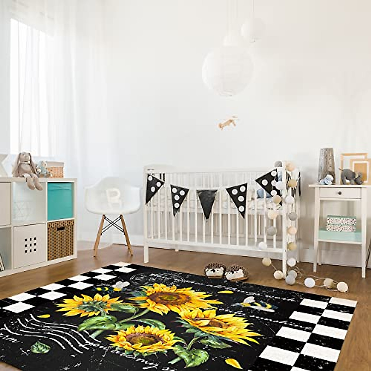 4' x 6' Sunflower Black Area Rug,Rustic Bee White Buffalo Plaid Check Outdoor Indoor Washable Carpet Area+Rug for Living Room,Kids/Boys/Girls Bedroom,Bathroom,Classroom,Kitchen,Hallway,Throw Floor Mat