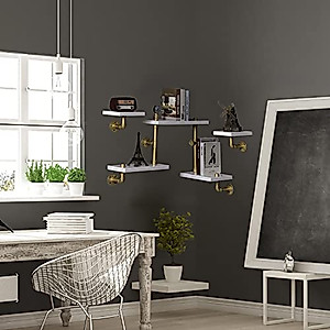 Industrial Retro Wall Mounted Iron Water Pipe Shelf/Bookcase/Shelving – Floating Shelf - Hung Bracket - DIY Storage Bookshelf – Height Adjustable Shelf - Wood Shelf (5-tier wall shelves, gold pipes)
