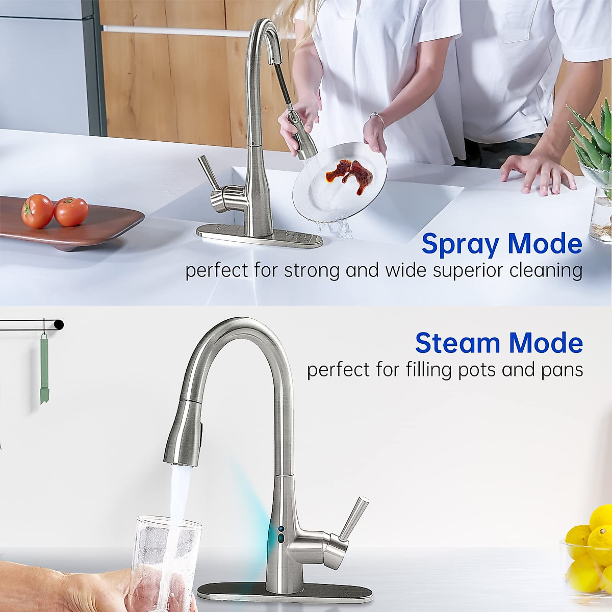 GOESMO Touchless Kitchen Faucet with Pull Down Sprayer, Motion Sensor Kitchen Sink Faucet with 1 Handle 2 Modes Magnetic Docking Spray, Automatic Kitchen Faucets for Sink 1 or 3 Holes Brushed Nickel