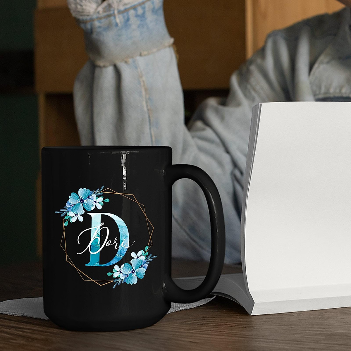 Personalized Initial Name Coffee Cup with Name, Custom Blue Floral Alphabet Ceramic Cups, Monogrammed Letter Mug Gift for Birthday, Customized Wreath Tea Cups Present, Black Coffee Mug 11oz or 15oz