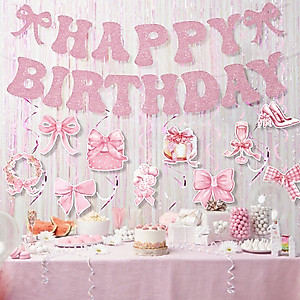25 Pcs Coquette Birthday Decorations Glitter Happy Birthday Banner Pink Bow Hanging Swirls Pink Bow Birthday Decorations Bow Themed Party Decor for Baby Shower Girls Women Birthday Party Supplies