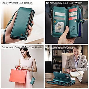 Defencase for iPhone 12/12 Pro Case, RFID Blocking for iPhone 12 Wallet Case for Women with Card Holder, Zipper Magnetic Flip PU Leather Strap Protective Cover for iPhone 12/Pro Phone Case, Blue Green