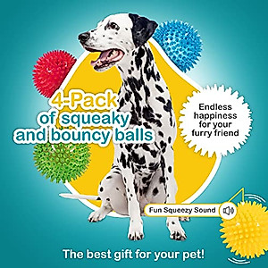 dipperdap 3.5” Spikey Dog Balls (4 Pack) Squeaky Dog Toys | Cleans Teeth for Healthier Gums | Non-Toxic BPA-Free Dog Toys for Aggressive Chewers | Spikey Balls in Red, Blue, Yellow, and Green