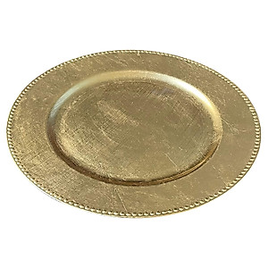 WELMATCH Gold Plastic Beaded Charger Plates - 12 pcs 13 Inch Round Wedding Party Decroation Metallic Charger Plates (Gold, 12)