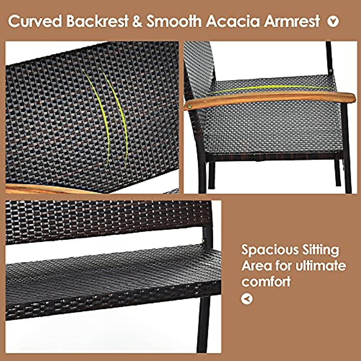 Tangkula Patio Wicker Bench, All Weather Rattan Bench w/Acacia Wood Armrest, Outdoor Loveseat Chair, Lightweight Patio Stackable Dining Bench for Front Porch, Backyard, Lawn, Garden, Pool, Deck