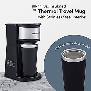 Elite Gourmet EHC112 Personal Single-Serve Compact Coffee Maker Brewer Includes 14Oz. Stainless Steel Interior Thermal Travel Mug, Compatible with Coffee Grounds, Reusable Filter