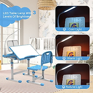 BELANITAS Kids Desk and Chair Set 10-12 Years Old Height Adjustable School Desk,Ergonomic Student Table for Kids with Tilt-able Desktop,Kids Study Desk for Go Back School Gift Blue