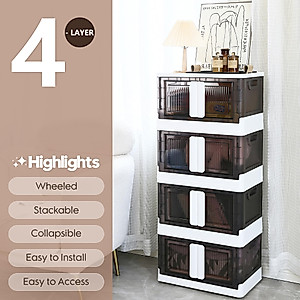 Sea Team 4-Pack Stackable Plastic Storage Bins with Lids, 8.4 Gal Collapsible Closet Organizers, Lidded Large Storage Baskets with Wheels Doors and Handles, White