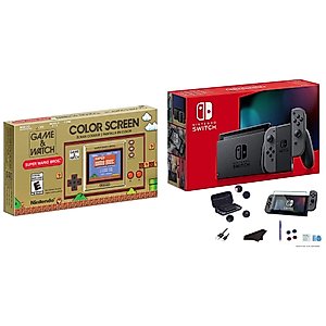 GALLIUMPI Newest Nintendo Switch Console with Gray Joy-Con + Game & Watch: Super Mario Bros - Family Holiday Bundle Deluxe 11-in-1 Accessories Kit for Switch