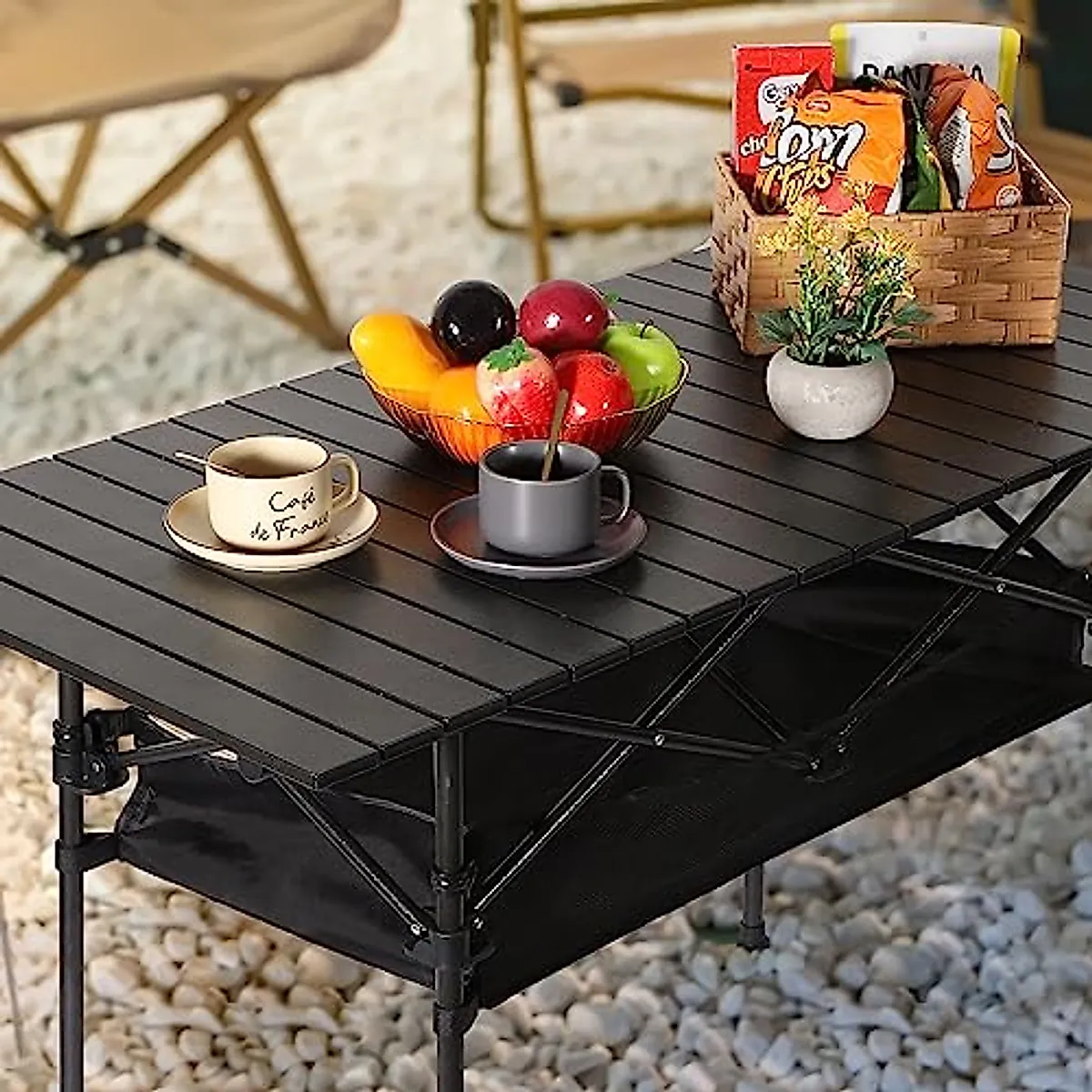Folding Camping Table Folding Outdoor Table, 46.6 * 21.65 * 26.77in Picnic Table, Portable Camping Table, Aluminum Roll-Up Top, Camp Table with Easy Carry Bag for Outdoor Travel Backyards BBQ(Black)