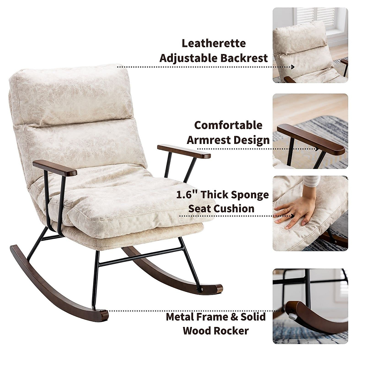 HNY Modern Rocking Chair Nursery with Wood Arms, PU Leather Overstuffed Upholstered Glider Rocker Chair with Adjustable Backrest, 22" Wide Armchair for Living Room/Bedroom/Small Space, Cream