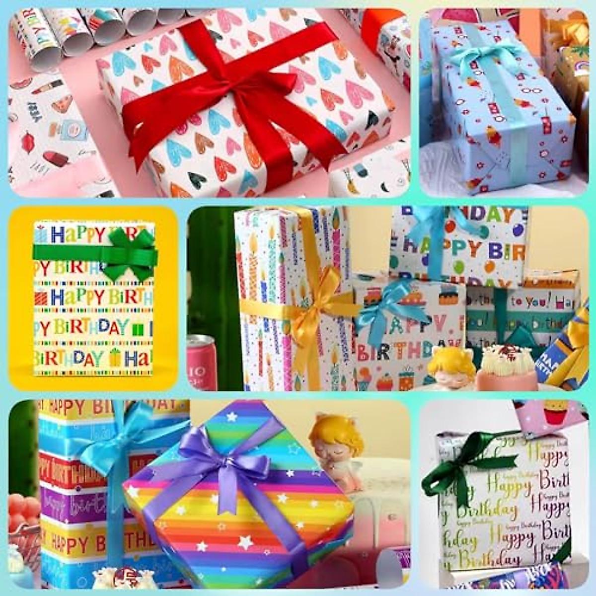 Egcina Birthday Gift Wrapping Paper, 28 Pcs Different Design, Christmas Wedding BabyShower Gift Wrapping Paper for Kids, Adults, Arts Crafts, Happy Birthday Mermaids, 19.7" * 27.6" Per Sheet