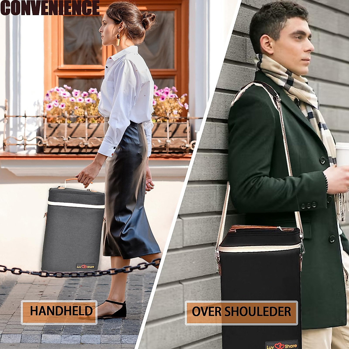 Insulated Leakproof Wine Cooler Bag, Portable Padded Wine Bottle Carrier for Picnic, BYOB, Restaurant, Beach - 2 Bottle, 14" x 9.2" x 4" (Black)