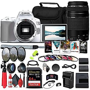 Canon EOS 250D / Rebel SL3 DSLR Camera (Body Only) + (White) Canon EF 75-300mm f/4-5.6 III Lens (6473A003) + 64GB Memory Card + Color Filter Kit + Filter Kit + LPE17 Battery + More (Renewed)