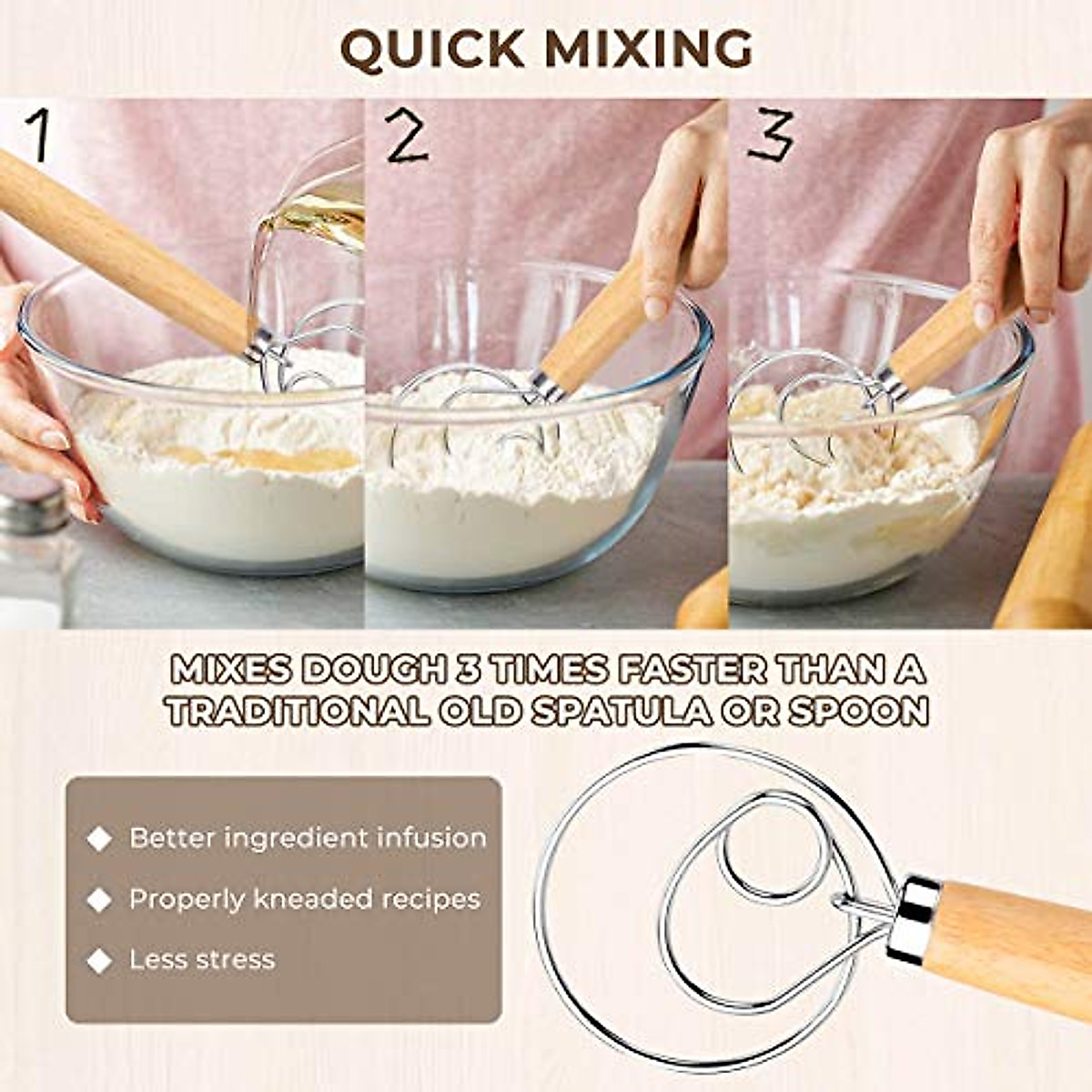 FUANRTK Danish Dough Whisk Bread Mixer，2 Pack Premium Stainless Steel Dutch Whisk With a Dough Scraper for Bread, Pastry or Pizza Dough - Perfect Baking