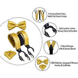 DiBanGu Gold Suspenders for Men Heavy Duty Yellow Suspenders and Bow Tie Set Adjustable Y-Back Mens Trouser Braces