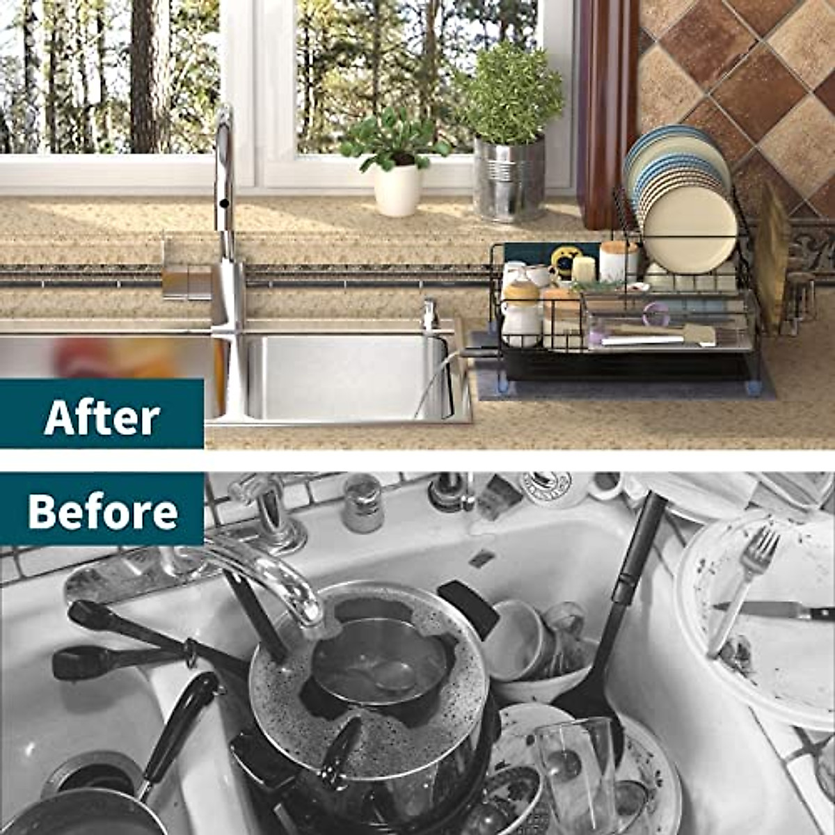 slhsy Removable Design 2 Tier Dish Drying Rack/Strainers with Drainboard, Swivel Spout, Cup & Utensil Holder and Drying Mat for Kitchen Counter, Black