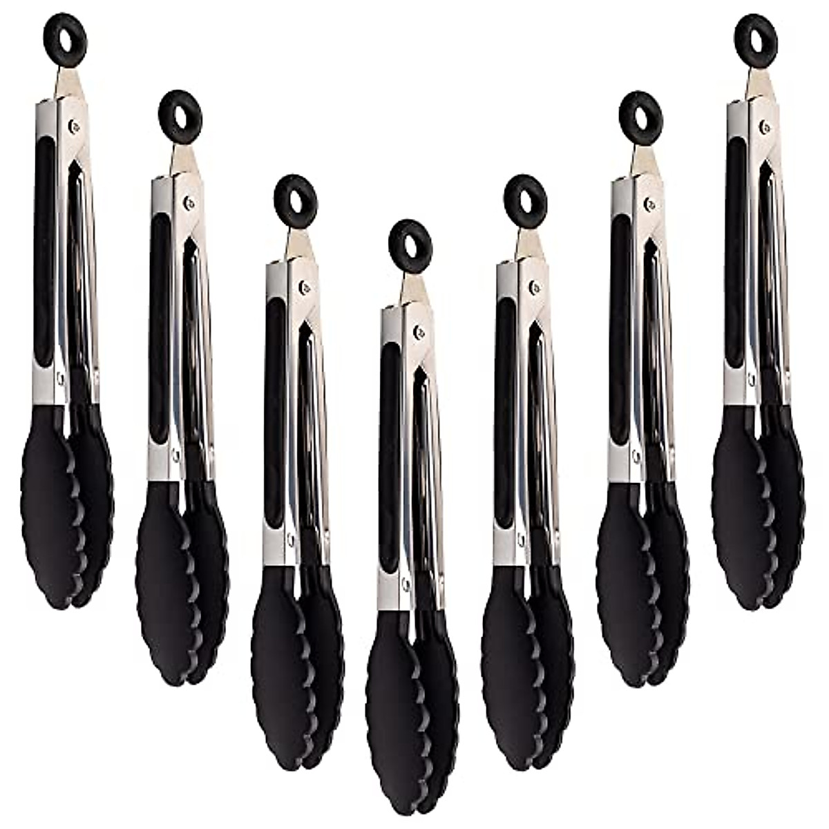 Winning team 7 Pack Kitchen Tongs Set 7-Inch Black Mini Small Food Tongs with Stainless Steel Silicon Handles and Nylon Tips Heat Resistant Tongs for Cooking, Serving, BBQ, Grilling, Salad and More