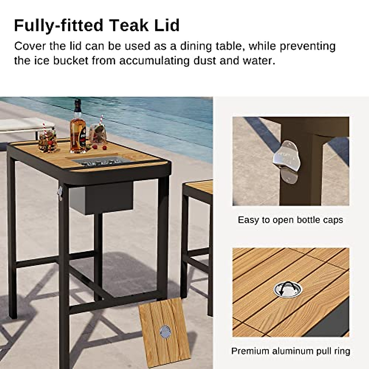 EAST OAK Signature 3-Piece Outdoor Bar Set, Patio Table with Teak Wood and Aluminum, Outdoor Patio Furniture for 2, Outdoor High Top Table and Chairs Set for Backyard, Garden and Pool, Dark Grey