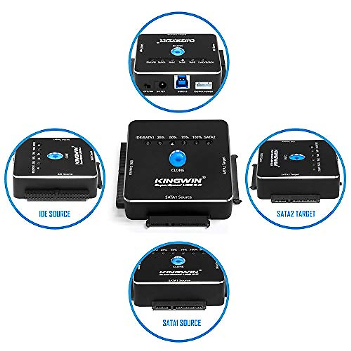 Kingwin USB 3.0 to SSD/SATA/IDE Adapter for 2.5 Inch, 3.5 Inch, 5.25 Inch Hard Drives with Offline One Touch Clone/Duplicator Function, Tool-Free, SATA I/II/III Support, Black, 3 TB (USI-2535CLU3)