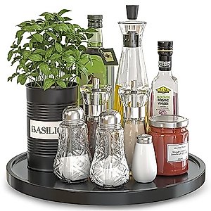 Lazy Susan Organizer for Table Cabinet,13 inch Bamboo Kitchen Countertop Organizer for Salt Olive Oil and Pepper Counter Sink Trays Wooden Turntable for Spice Soap Bottles Dining Room Decor Black