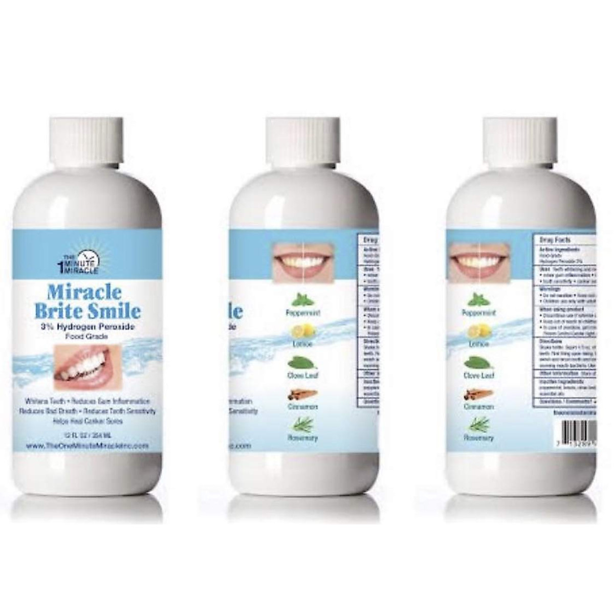 Miracle Brite Smile - 3% Hydrogen Peroxide MedicalFood Grade, Peppermint, Lemon, Clove Leaf, Cinnamon and Rosemary. Organic Essential Oils Leaving a Fresh Breath Mouth. 3 Bottles - 12 oz Bottles.