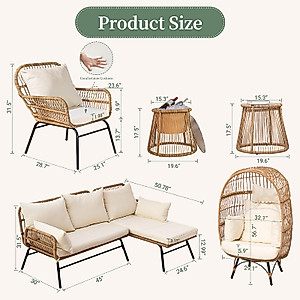 NICESOUL® 7 Pcs Boho Outdoor Patio Furniture Sofa Set with Egg Chair, L-Shaped Lounge Chair with Beige Cushions, Wicker Conversation Set with Ice Bucket for Garden Balcony Deck Bohemian Cream Color
