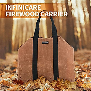 Infinicare Firewood Carriers with Handles - Heavy Duty Canvas Firewood Bag with Handles - Durable Wood Carrier for Firewood, Suitable for Indoor Fireplace and Outdoor Camping - Brown
