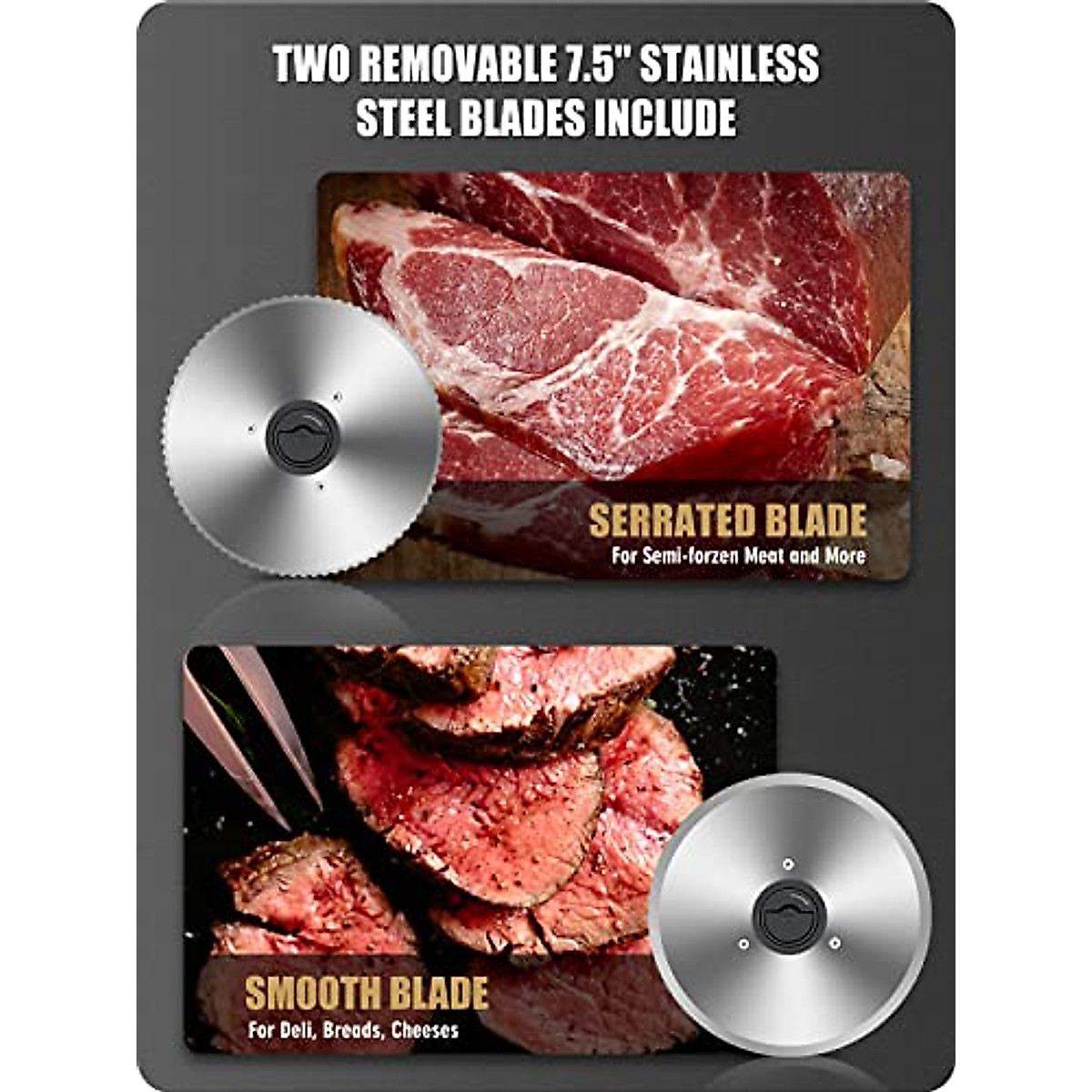 Meat Slicer, Anescra 200W Electric Deli Food Slicer with Two Removable 7.5’’ Stainless Steel Blades and Food Carriage, 0-15mm Adjustable Thickness Meat Slicer for Home, Food Slicer Machine- Black