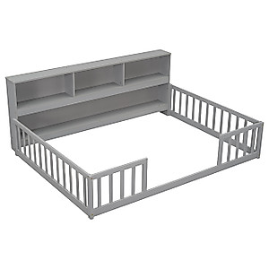 Harper & Bright Designs Full Size Floor Bed with Bedside Bookcase, Shelves, Guardrails, Wood Montessori Bed with Storage, Grey