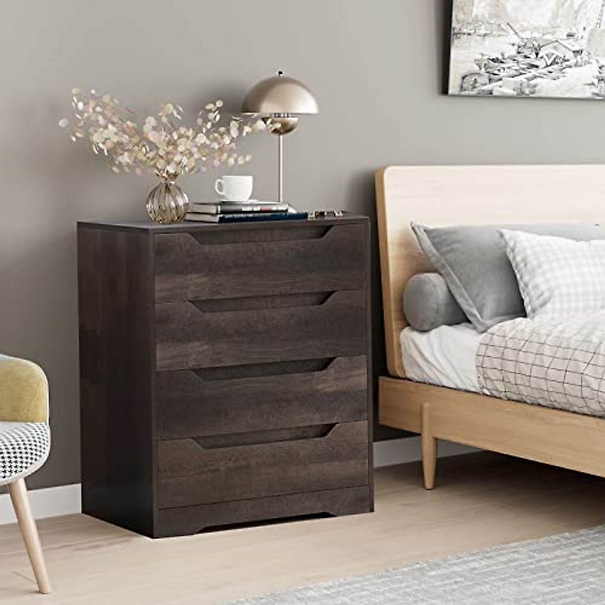 HOSTACK Modern 4 Drawer Dresser, Chest of Drawers with Storage, Wood Clothing Organizer with Cut-Out Handles, Accent Storage Cabinet for Living Room, Bedroom, Hallway, Dark Brown
