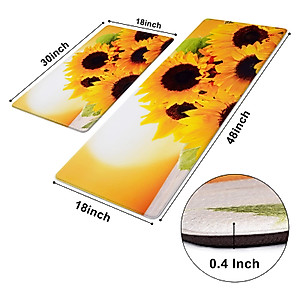 Sunflower Kitchen Mat Set Anti Fatigue 2 Piece, Floral Kitchen Rugs and Mats Non Skid Washable Waterproof, Cushioned PVC Kitchen Rug Comfort Mat for Kitchen Floor Sink, 18'' x 48''+18'' x 30'', Yellow