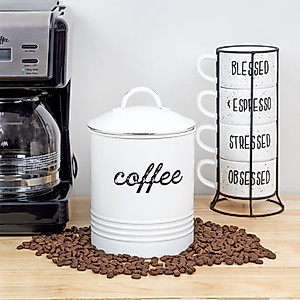 AuldHome Enamelware White Coffee Canister; Rustic Distressed Style Tea Storage for Kitchen
