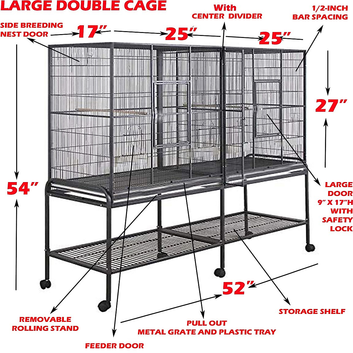 Large Double Center Divider Birdhouse Treehouse Bird Flight Breeder Cage with Breeding Nest Doors Removable Rolling Stand (52 x 17 x 54 H inches, White Vein)