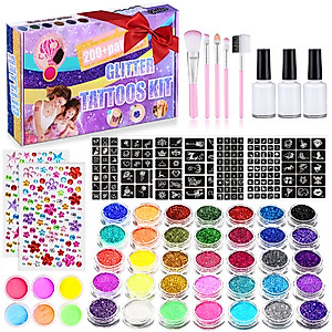 492 Temporary Glitter Tattoo Kit for Kids, 41 colors glitter powder 215 rhinestones 204 stencils 24 glitter powder 3 glue 5 brushes Waterproof tattoos for parties, Adults & Kids Glitter Make Up Kit