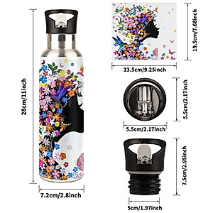 DJYQBFA Beautiful Girl Flower Fairy Water Bottle Modern BPA Free Water Bottles Vacuum Insulated Stainless Steel Floral Print Water Bottle with Straw for Gym Travel Hiking, 600ml