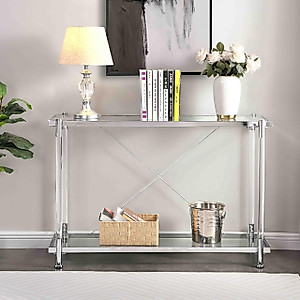 43.3 Inch Chrome Glass Console Table, 2 Tier Narrow Hallway Side Table with Acrylic & Metal Frame, Modern Minimalist End Table Sofa Table (Silver)