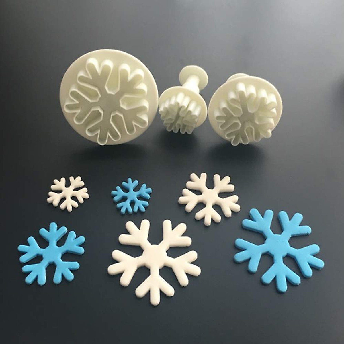 NUOMI 6 Pieces Snowflake Fondant Press Pastry Cutters Plastic Embossing Mould Cake Cookie Decorating Tool Handmade Sugarcraft Baking Supply, White, 6 Different Shapes