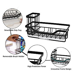 KKREJA Kitchen Sink Caddy Stainless Steel Sink Organizer with Detachable Brush Holder Sponge Holder with Removable Drip Tray for Countertop Storage