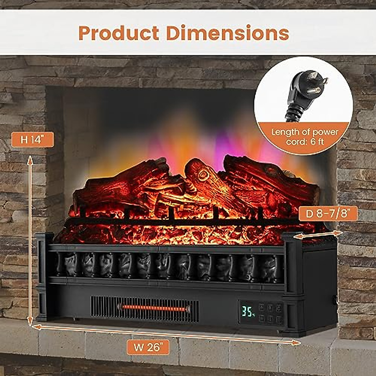 COSTWAY 26-inch Eternal Flame Electric Fireplace Log, 1500W Fireplace Insert with Remote Control, Realistic Lemonwood Ember Bed, 8H Timer, 5 Flame Modes, Fireplace Log Heater for Home Decor, Black