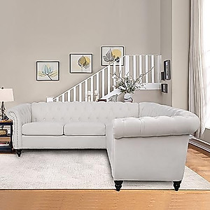 RARZOE Chesterfield L Shaped Sectional Sofa Couch, Deep Button Tufted Velvet Upholstered Rolled Arm Classic Chesterfield Settee Sofa, Modern 5 Seater Couch Furniture for Living Room, White