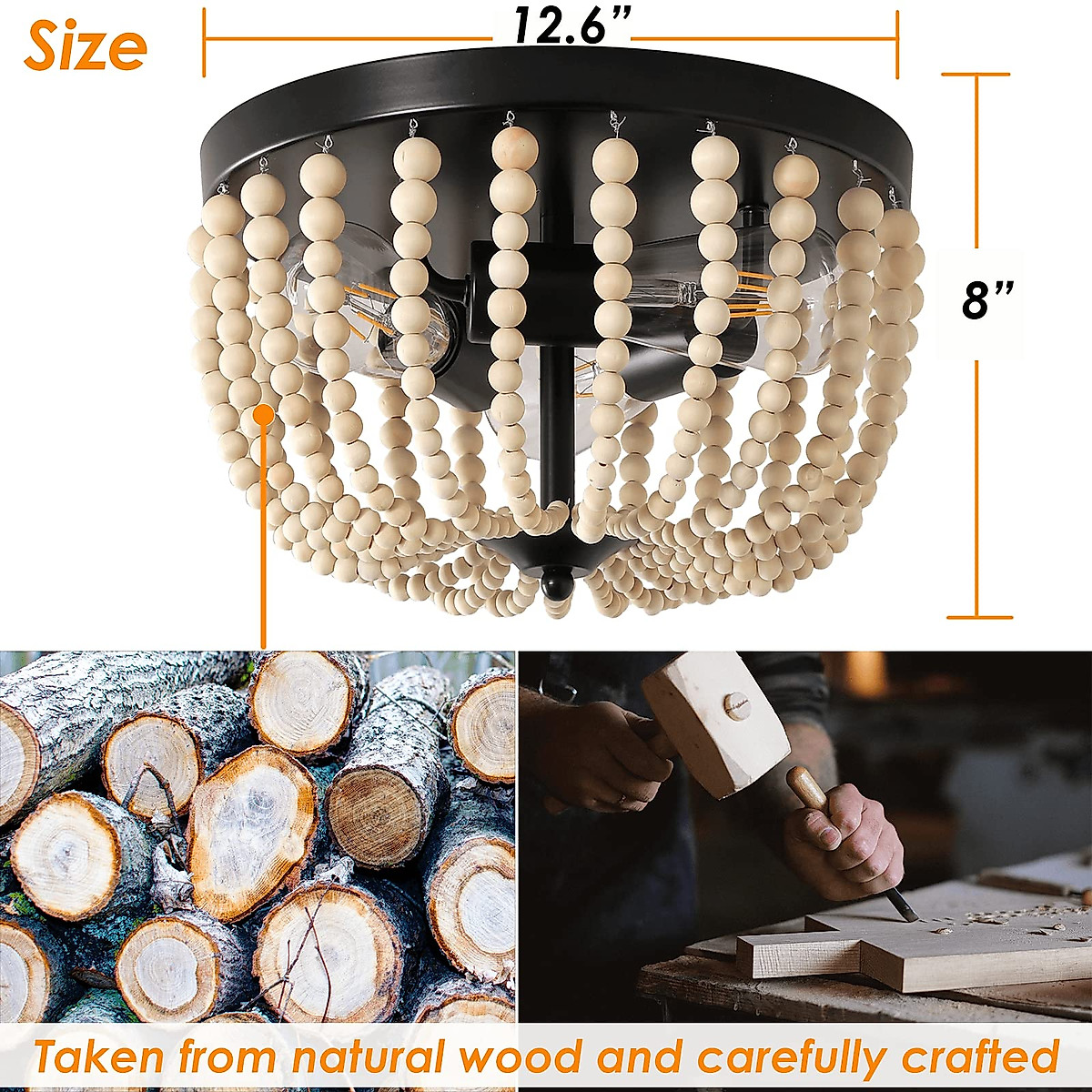 3-Light Boho Wood Bead Chandelier Ceiling Flush Mount Light Fixture,Solid Oak Natural Wood Color Chandelier for Hallway Small Room Baby's Nursery Bedroom Laundry Room Cloakroom