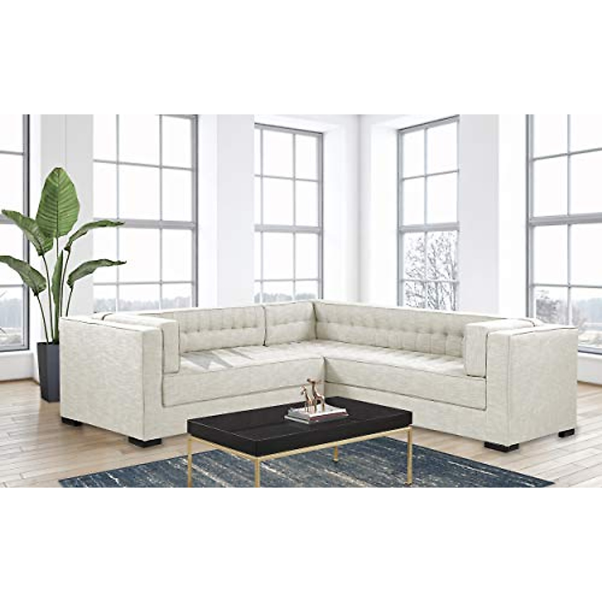Iconic Home Lorenzo Right Facing Sectional Sofa L Shape Linen-Textured Upholstered Tufted Shelter Arm Design Espresso Finished Wood Legs Modern Transitional, Ecru