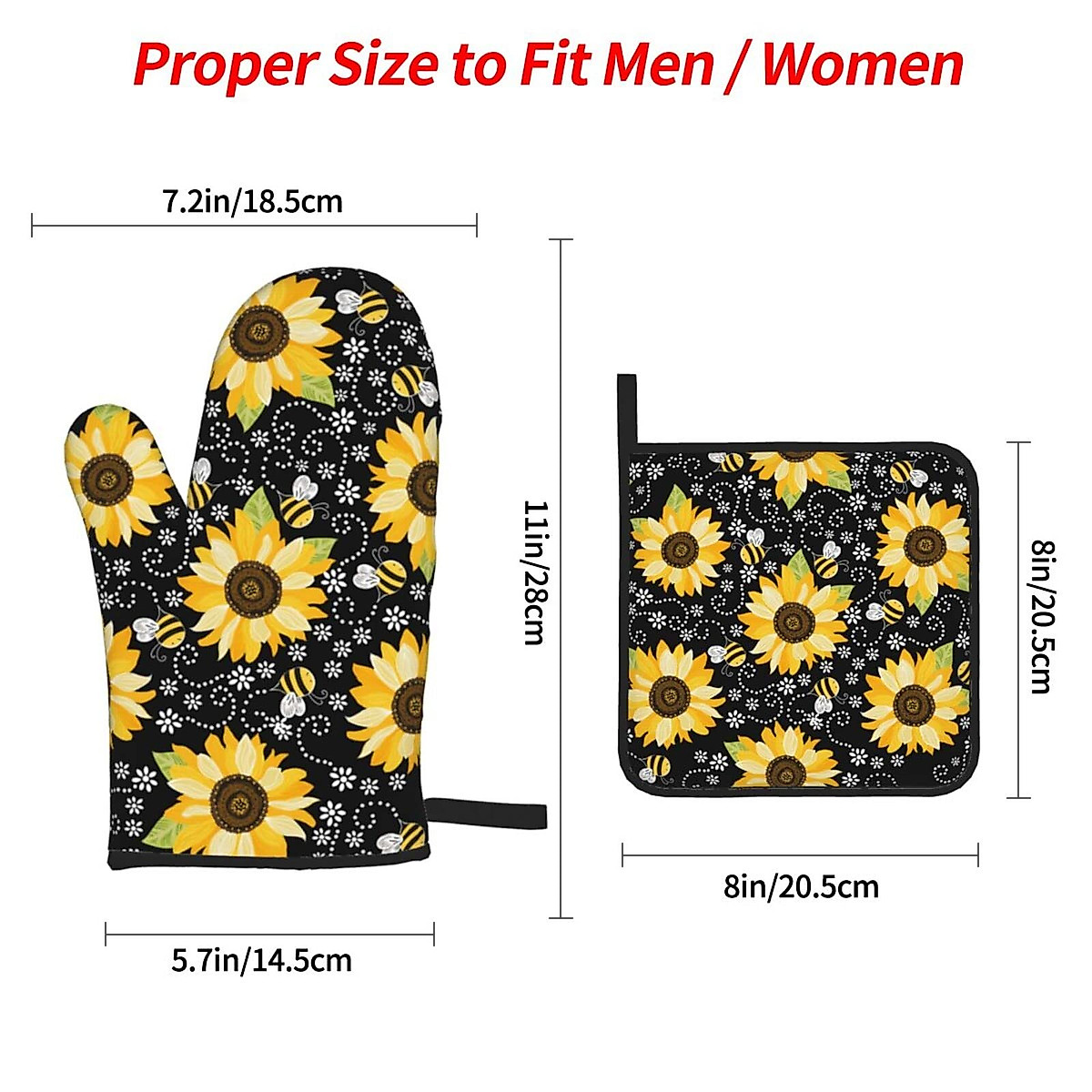 Sunflower Bees Oven Mitts and Pot Holders Sets of 4 High Heat Resistant Oven Mitts with Oven Gloves and Hot Pads Polyester Potholders for Kitchen Baking Grilling BBQ Non-Slip Cooking Mitts