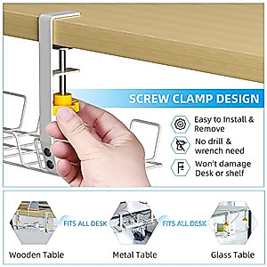 AOSYCO Cable Management Tray Under Desk, No Drill Cable Management Rack, Upgraded Clamp Mount Table Wire Management Holder, with 12PCS Cord Organizer Manager, 16" White Desk Cable Tray 1PACK
