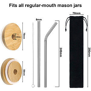 6 Pack Bamboo Lids Mason Jar Lids with Straw Hole 70 mm Regular Mouth Wood Lids for Mason Jars with 4 Pieces Reusable Stainless Steel Straws, Cleaning Brush and Bag (Simple Style)