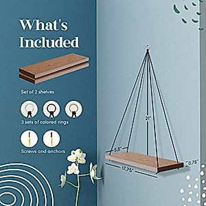 OMYSA Hanging Wall Shelf - Set of 2 Hanging Shelf - Boho Wall Decor - Minimalist & Lightweight - Use in Any Room - Brown