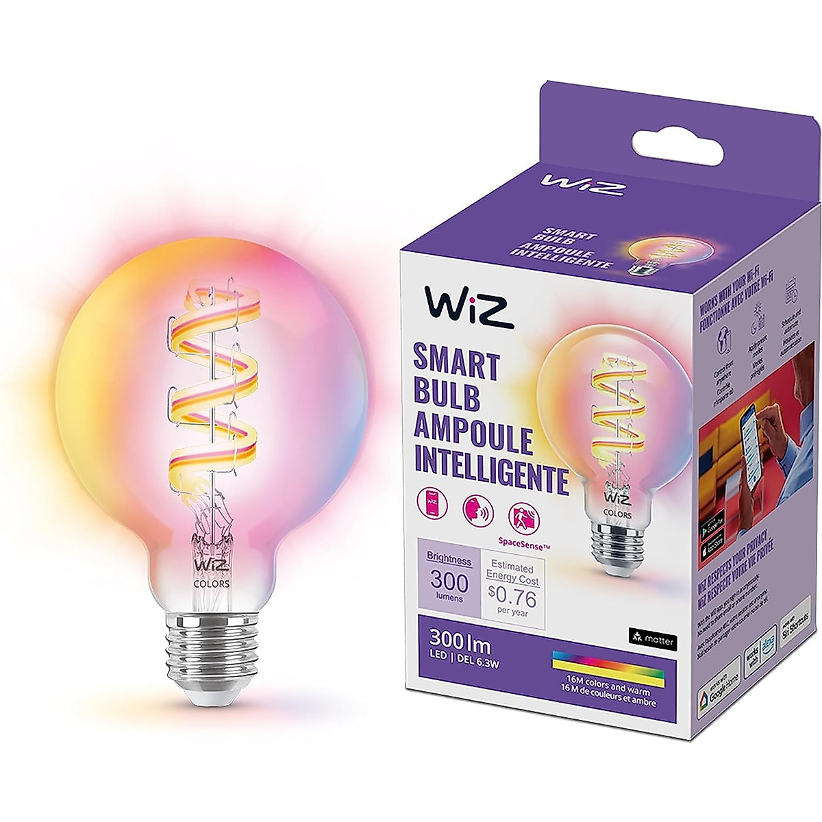 WiZ Color G25 Color Filament LED Smart Bulb - Pack of 1-300 Lumen - E26 Indoor - Connects to Your Existing Wi-Fi - Control with Voice or App + Activate with Motion - Matter Compatible