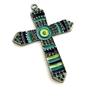Beads for Jewelry Making, Bracelet, Earring and Necklace Nickel Brushed Crystal Rhinestone Hand Enamel Cross Drop Focal Pendant